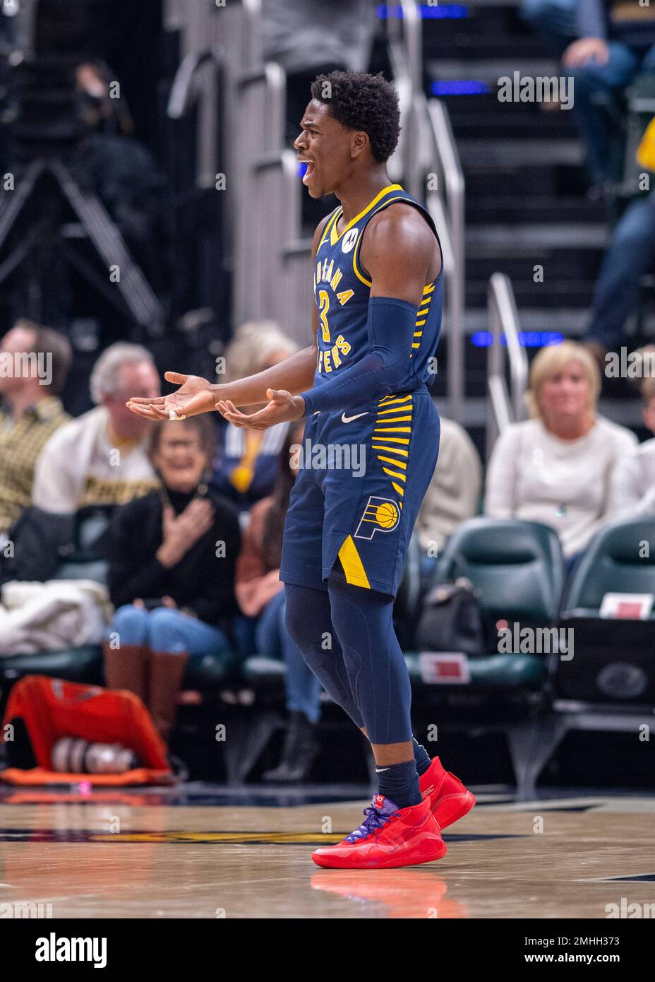 Indiana Pacers guard Aaron Holiday (3) reacts to a call on the court ...