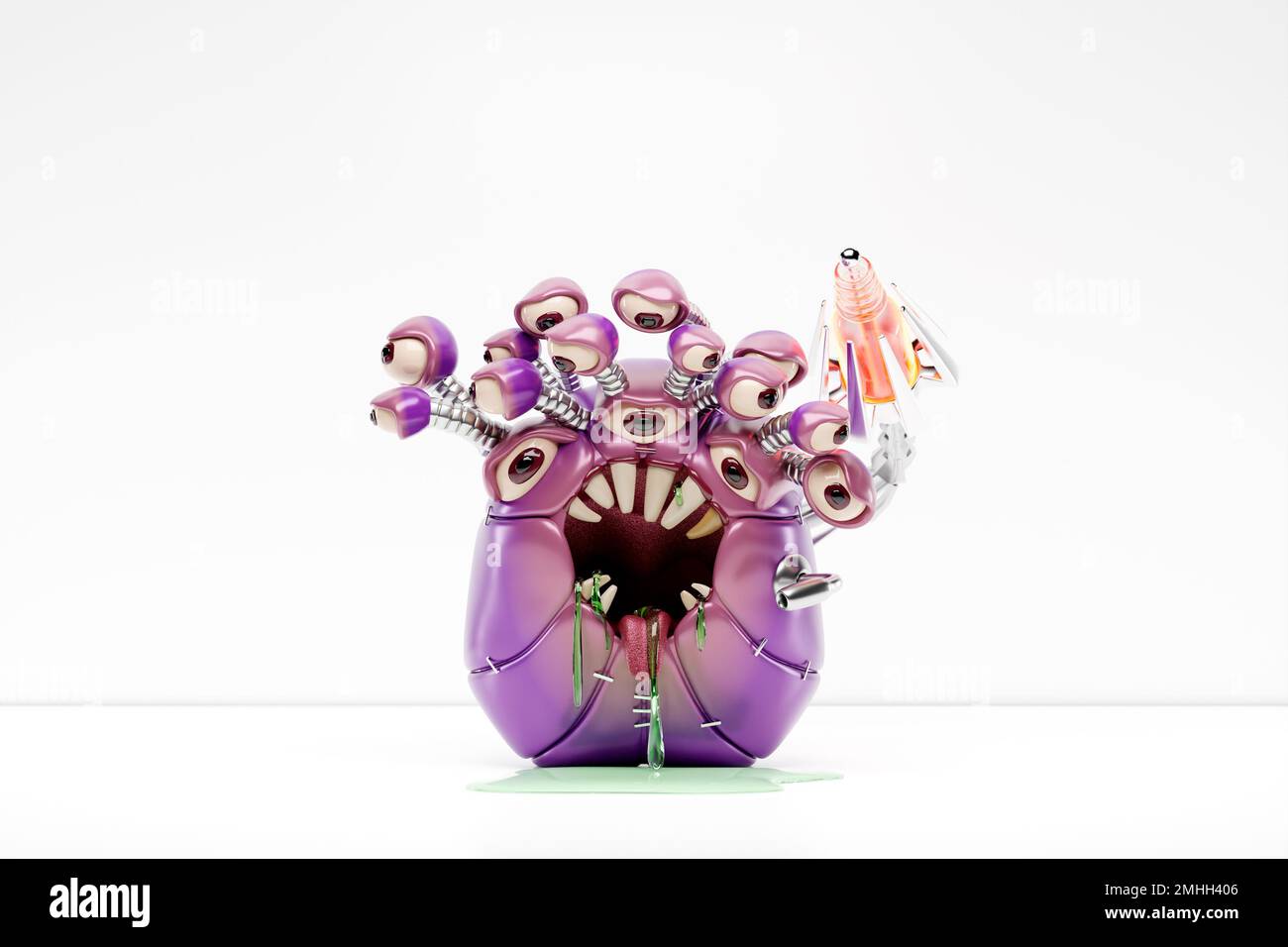 An angry pink cartoon monster with a huge number of eyes stares into ...