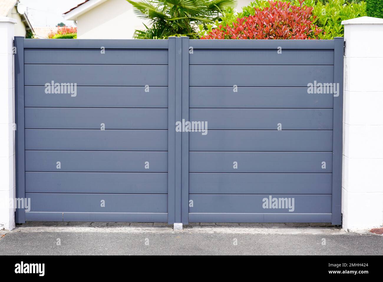portal grey metal aluminum house gate in street view Stock Photo - Alamy