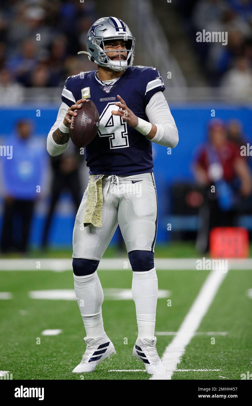 Dallas Cowboys quarterback Dak Prescott (4) looks to throw a pass against the Detroit Lions ...