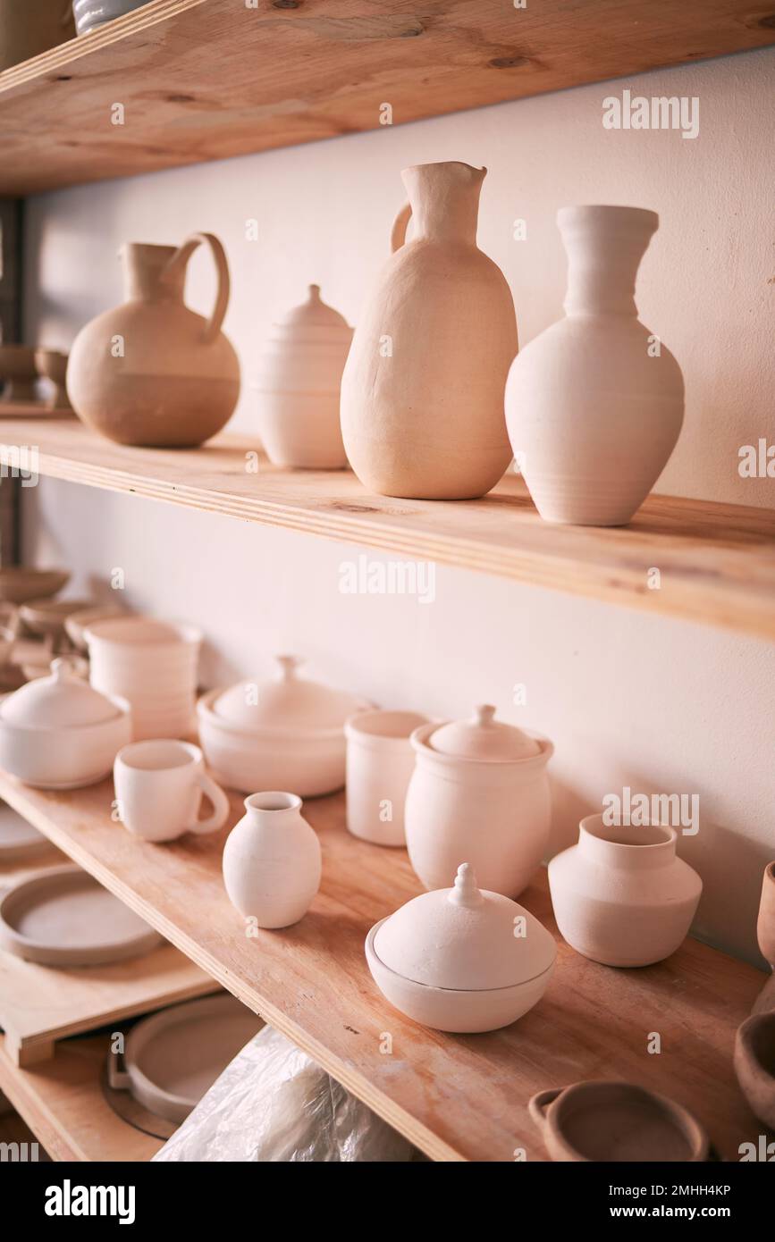 Backgrounds, shelf and pottery in creative workshop, store and ...