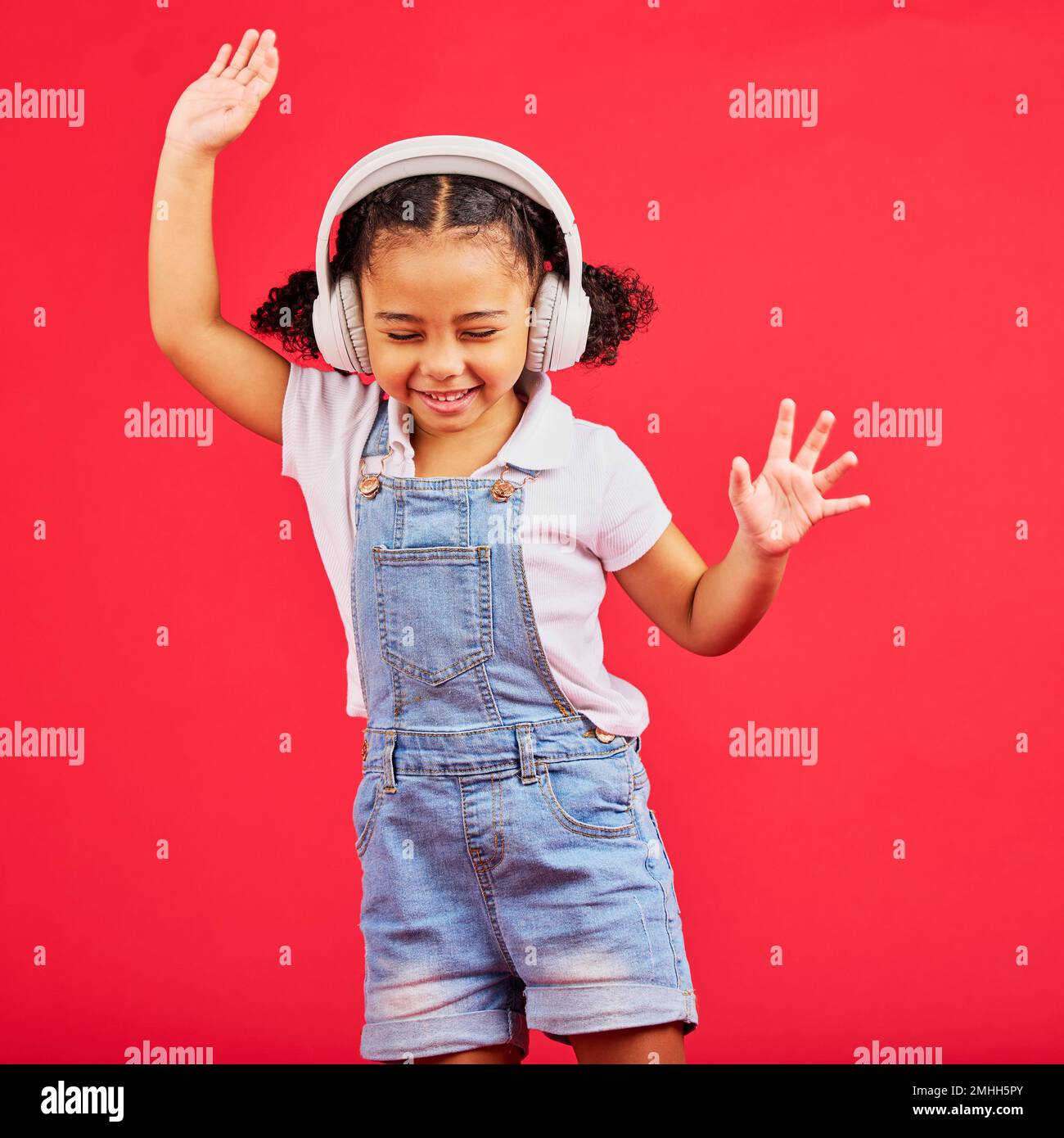 Dance, energy and happy child on music headphones, fun radio and ...