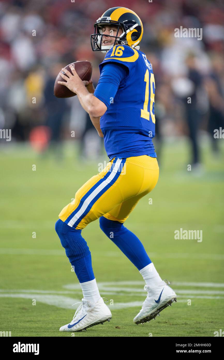 Los Angeles Rams quarterback Jared Goff warms up before an NFL football ...