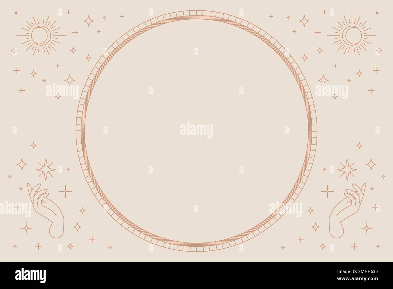 Two open hands vector round frame linear style on beige background ...