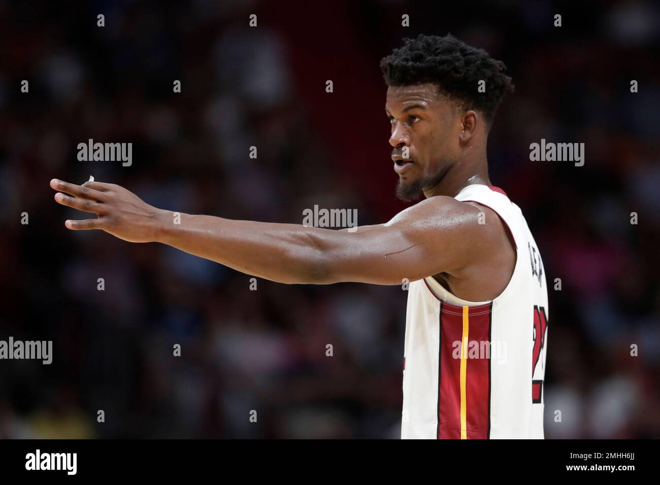 Miami Heat forward Jimmy Butler gestures during the second half of an ...