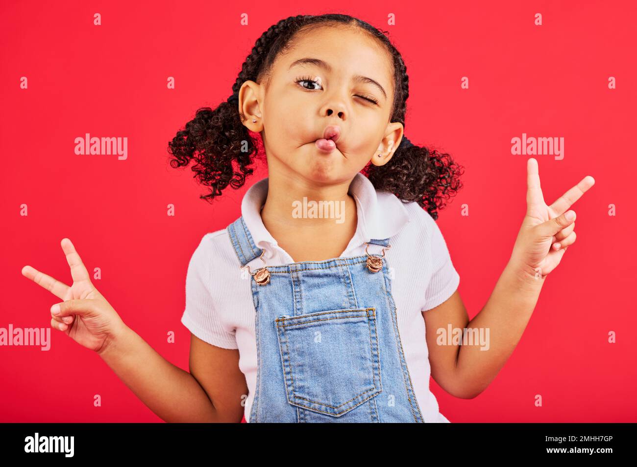Happy, peace sign and kiss with portrait of girl for summer, happiness ...