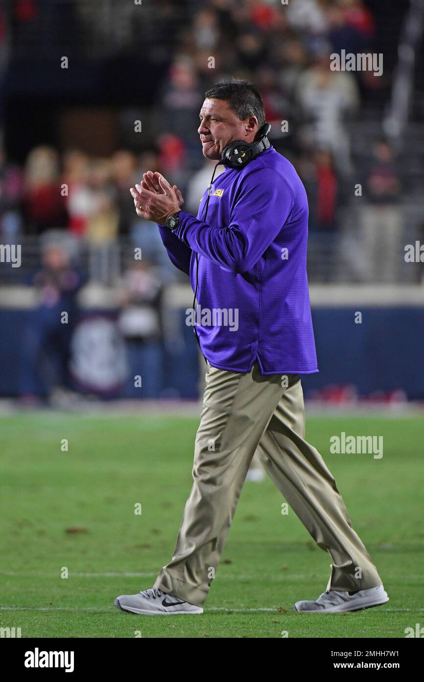 Lsu Head Coach Ed Orgeron Reacts During The First Half Of An Ncaa