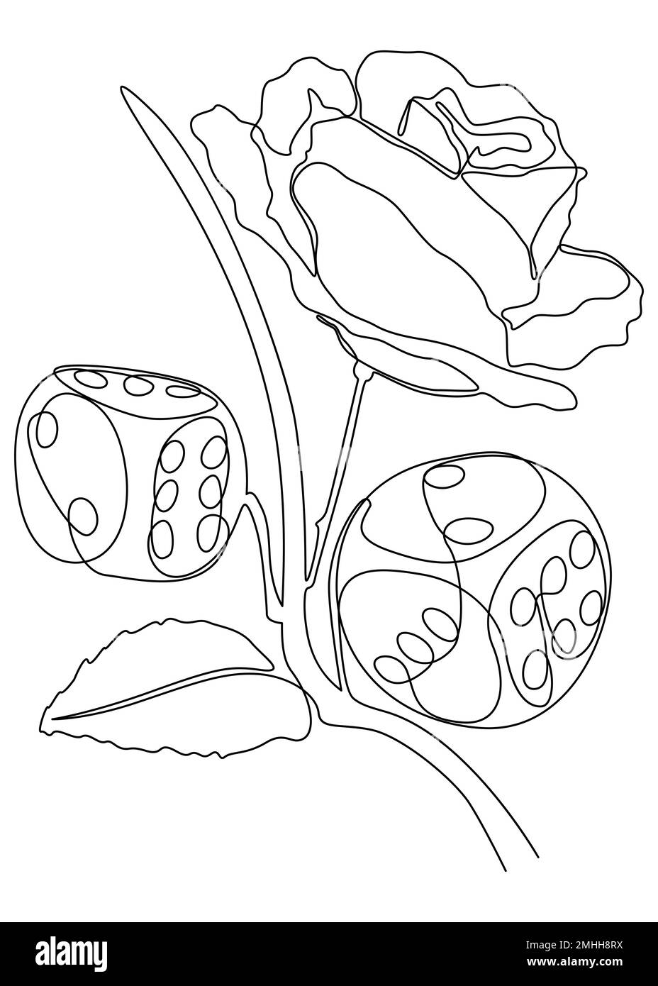One continuous line of Rose flower with dice. Thin Line Illustration ...