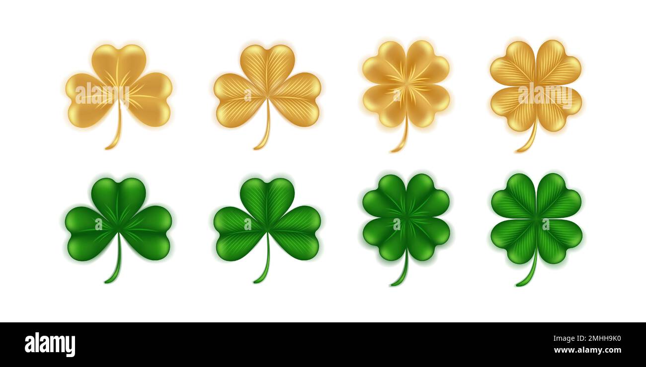 Set of clover leaves on a white background. Green and gold shamrock and quatrefoil 3D symbol of ...