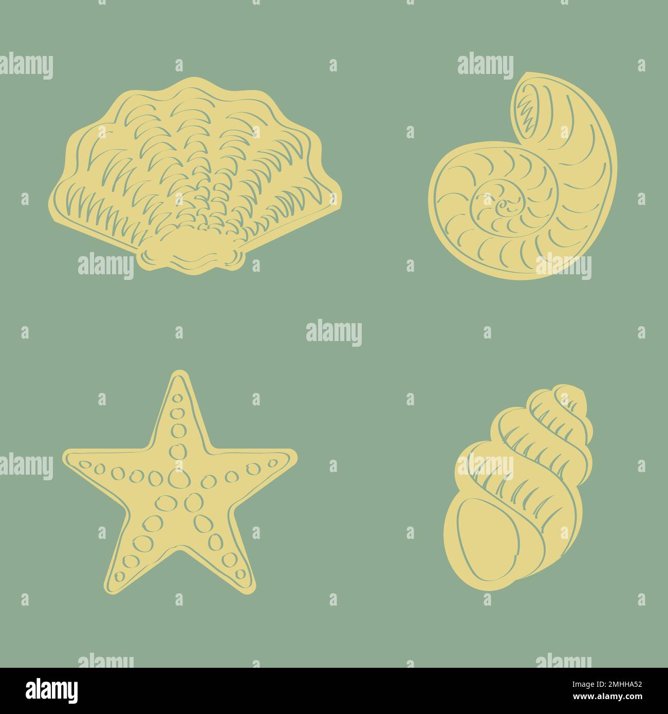 Set of hand drawing sea creatures shells and starfish in outline and ...