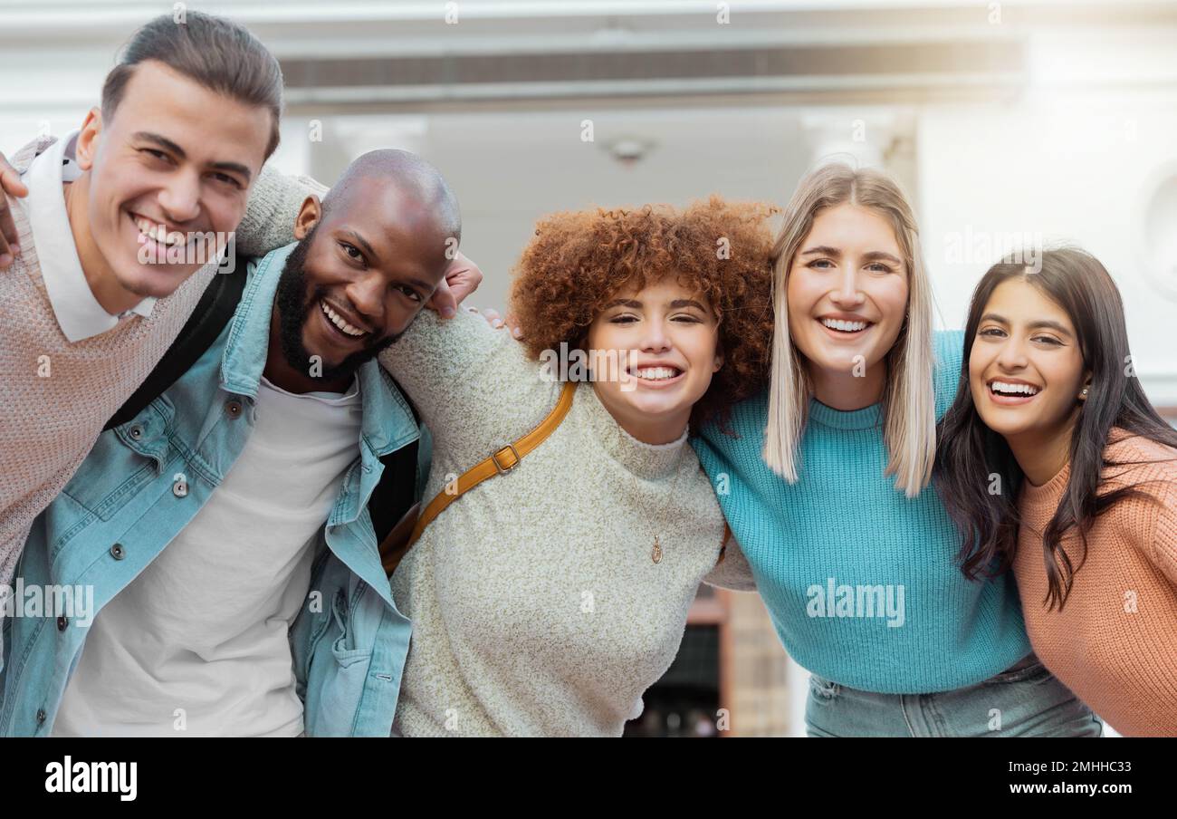 Student, friends and hug portrait of people with diversity, happiness ...