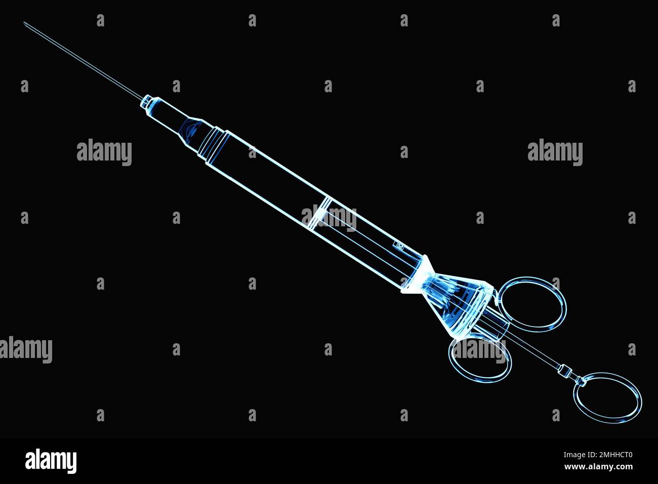 Close-up of transparent blue neon syringe on a black background, 3D ...