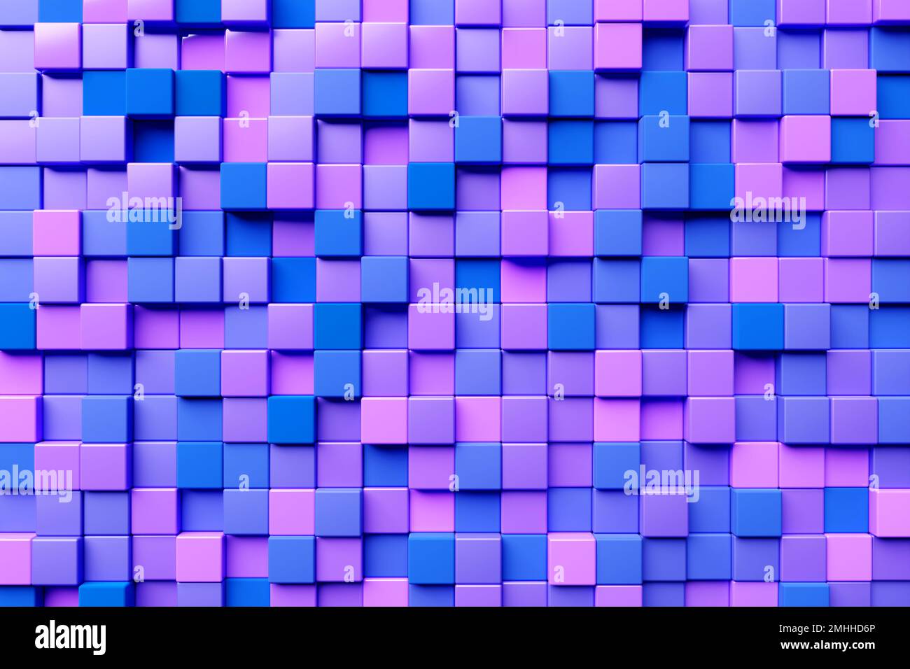 3D rendering. Purple and blue pattern of cubes of different shapes ...