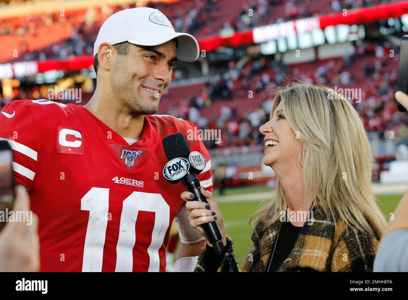San Francisco 49ers quarterback Jimmy Garoppolo (10) is interviewed by ...