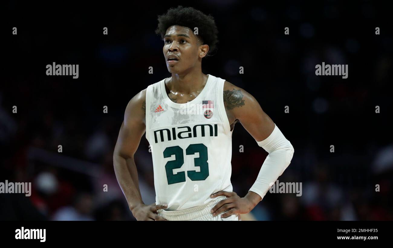 Miami guard Kameron McGusty (23) stands on the court during the second ...