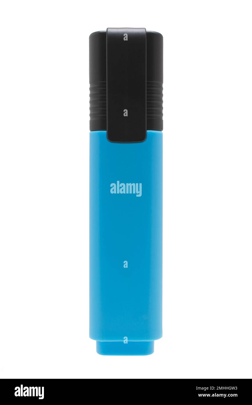Blue highlighter pen on white background Stock Photo - Alamy