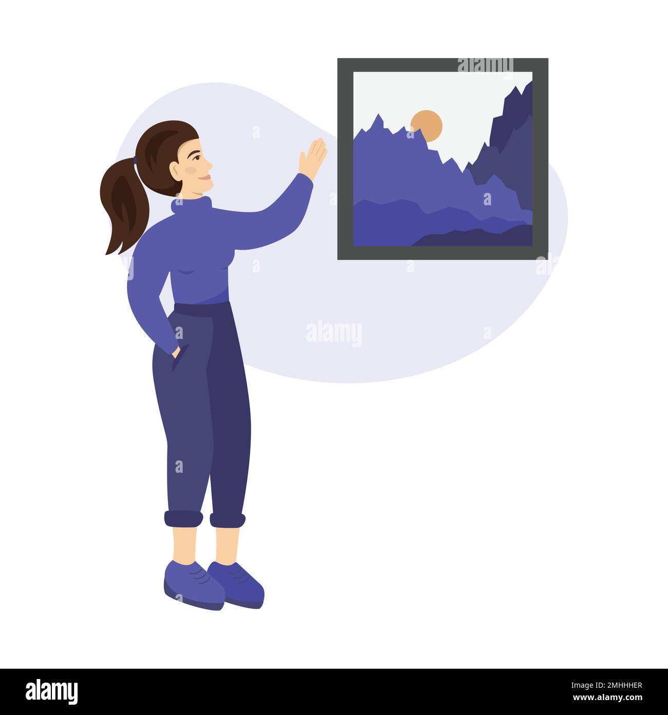 Visiting excursion in a museum, standing at picture and listening to ...