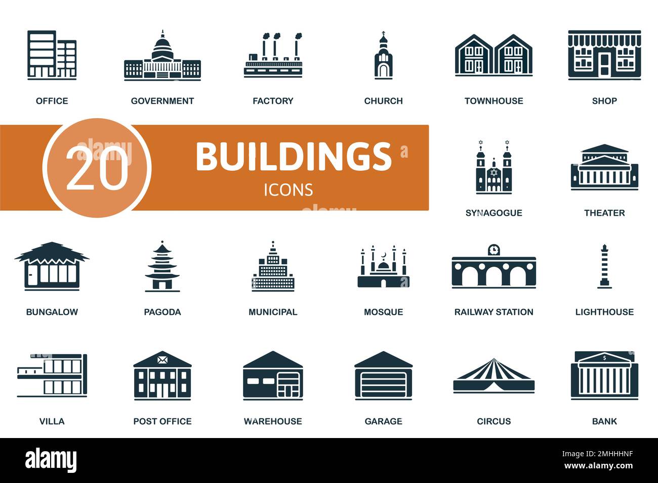 Buildings icon set. Monochrome simple Buildings icon collection. Office ... Buildings icon set. Monochrome simple Buildings icon collection. Office ...