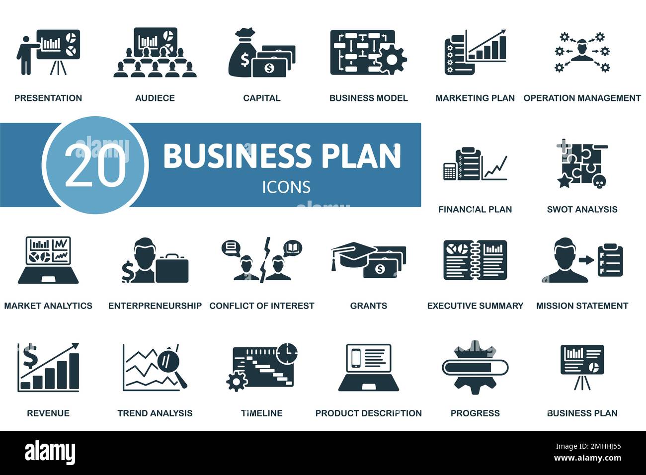 Business Plan icon set. Monochrome simple Business Plan icon collection. Presentation, Audiece ...