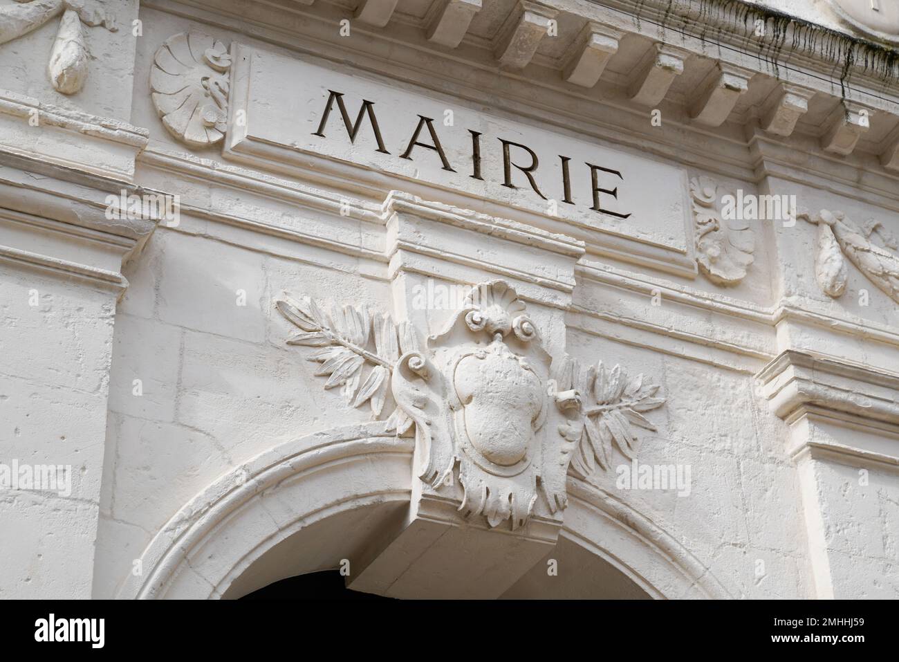 City Hall sign in French means Mairie on town center text on entrance ...