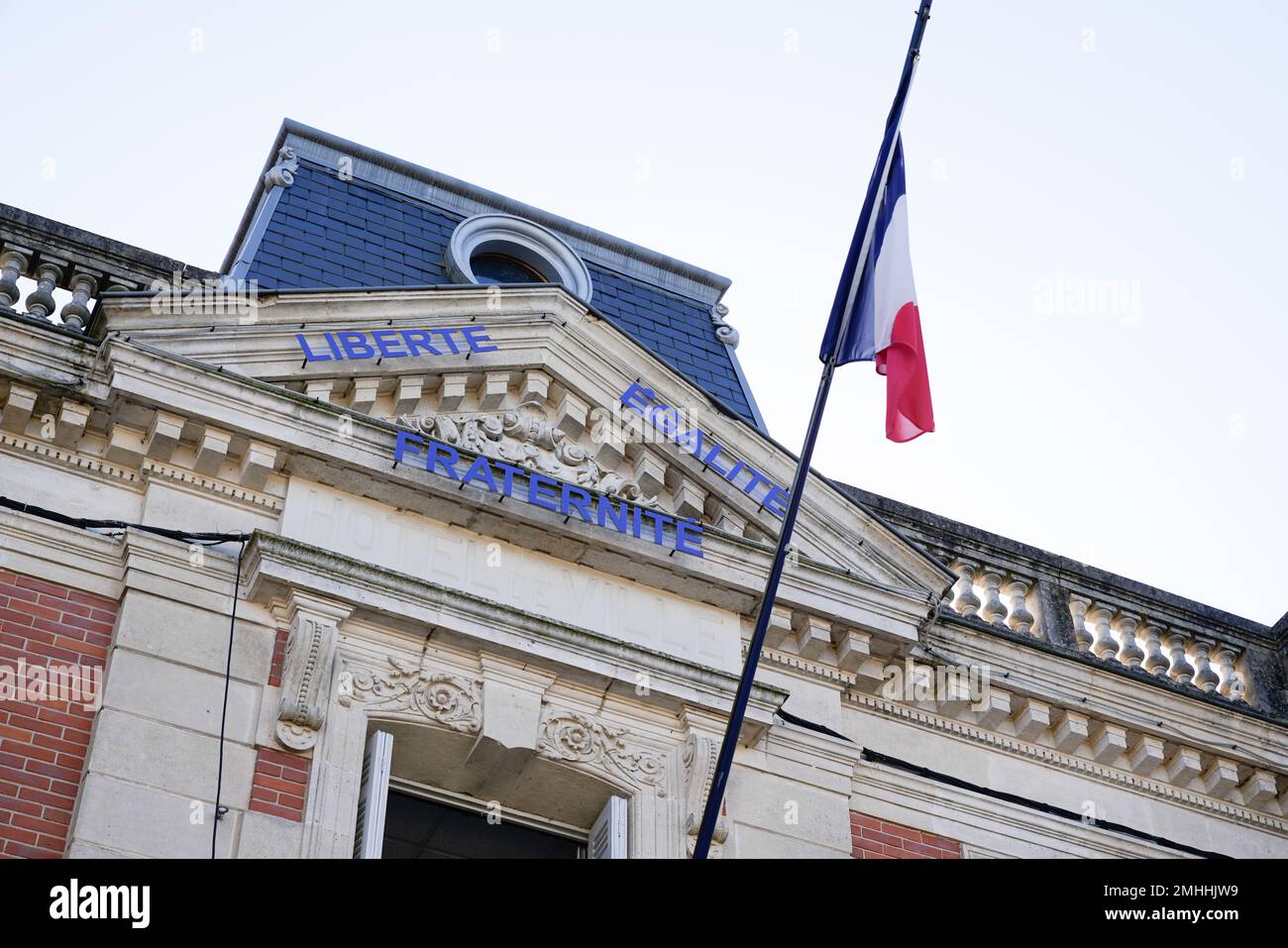 liberte egalite fraternite text on french facade city hall means ...