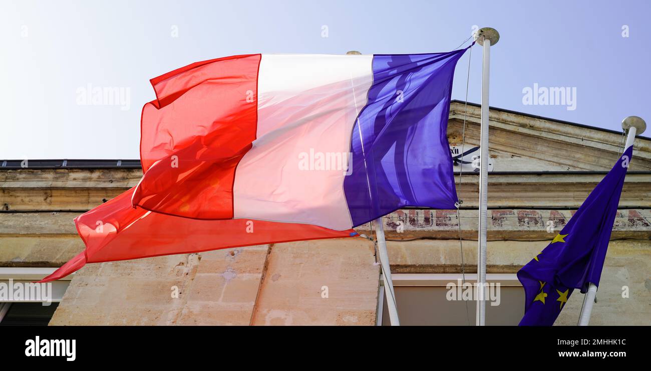 french flag and eu european tricolor red white blue sign on entrance ...
