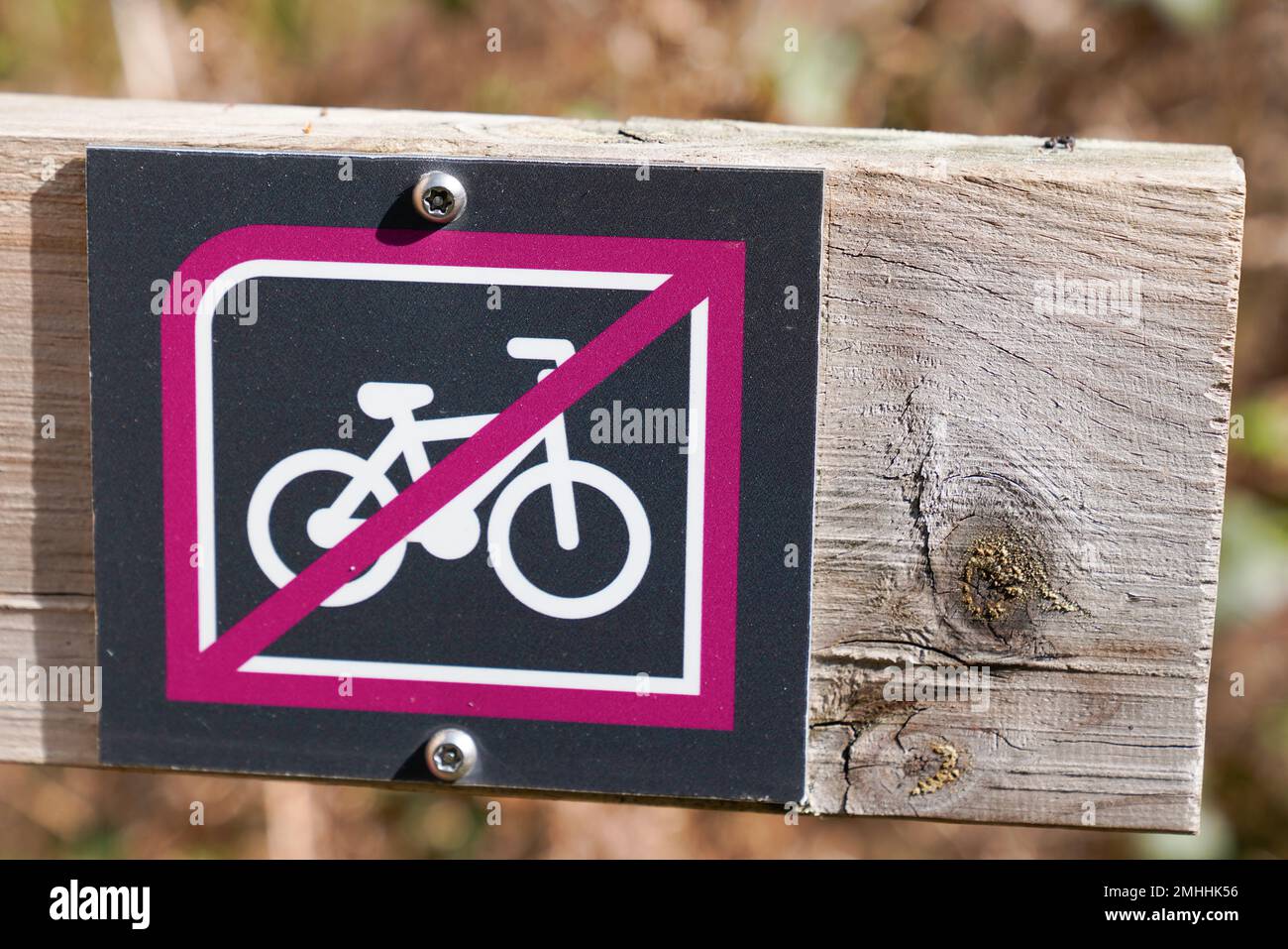 road sign bicycle forbidden No Cycling on park forest path way sign ...