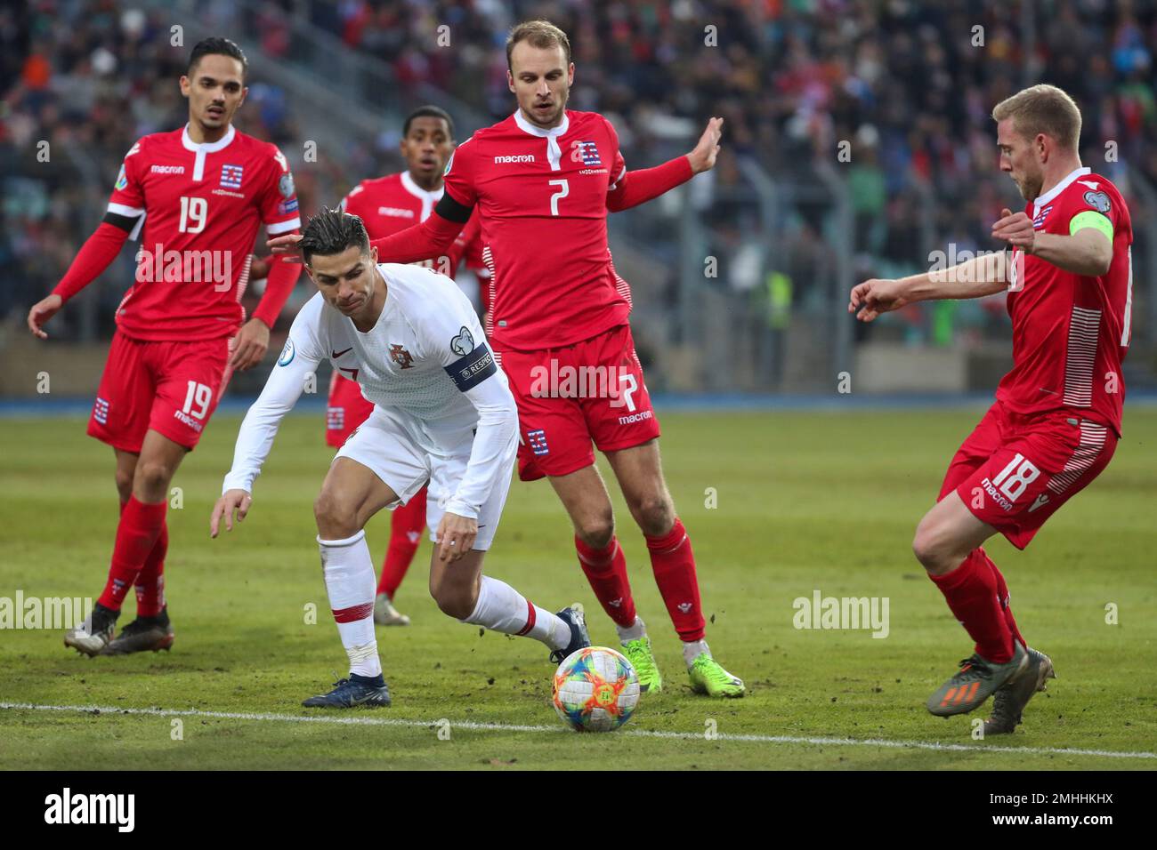 Portugal's Cristiano Ronaldo, second from left, controls the ball past ...