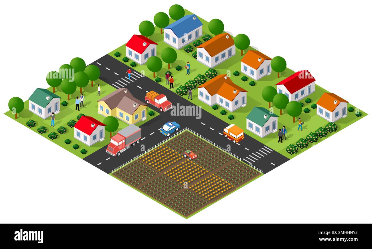 Country village district isometric illustration of a rural area with ...