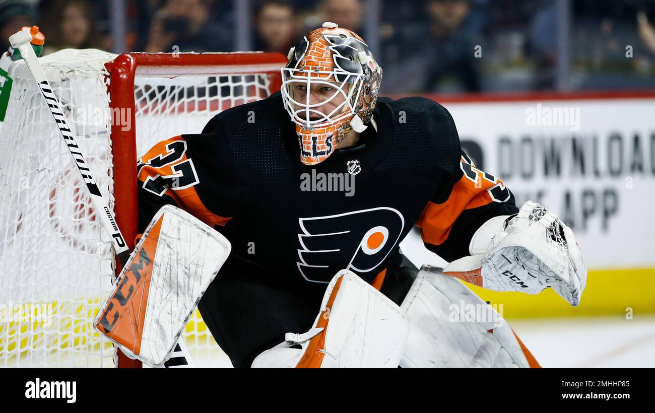 Philadelphia Flyers' Brian Elliott plays during an NHL hockey game ...