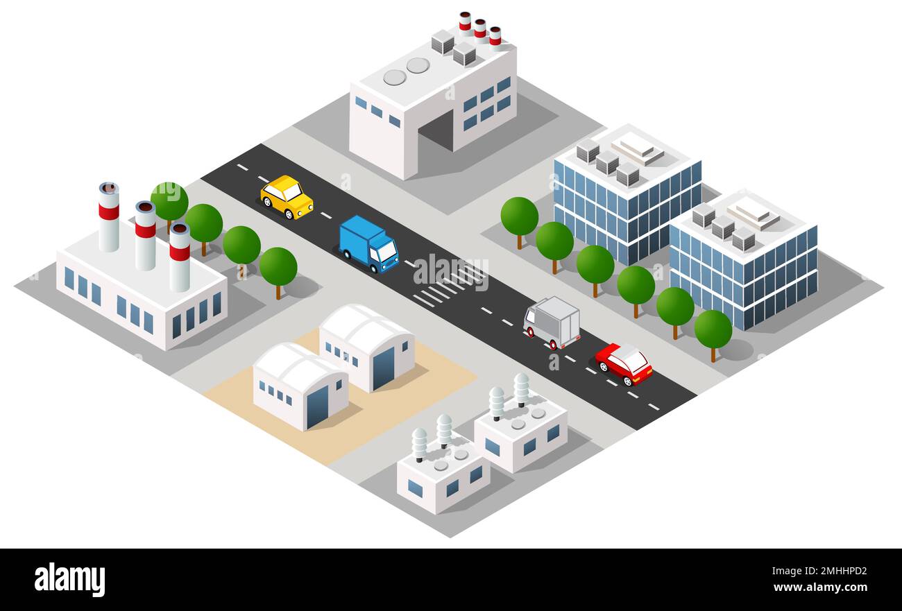 City urban area map Isometric factory industrial zone 3D illustration ...