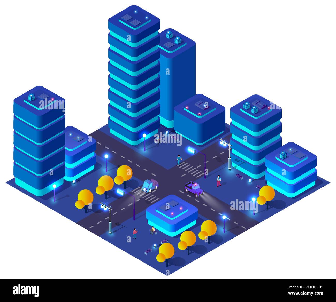 City urban area map Isometric night lights ultraviolet 3D illustration ...