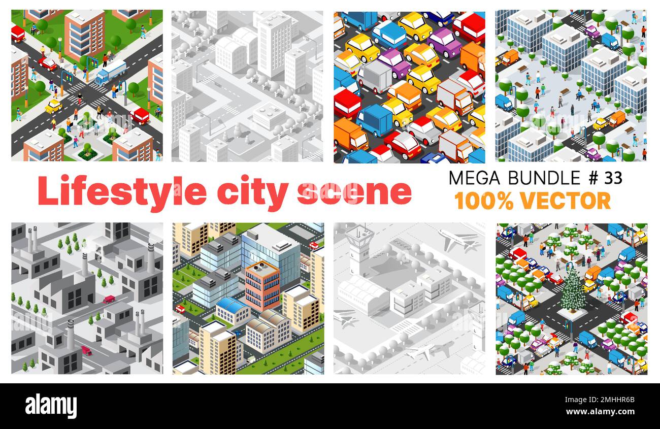 The city lifestyle scene set 3d illustrations on urban themes with ...