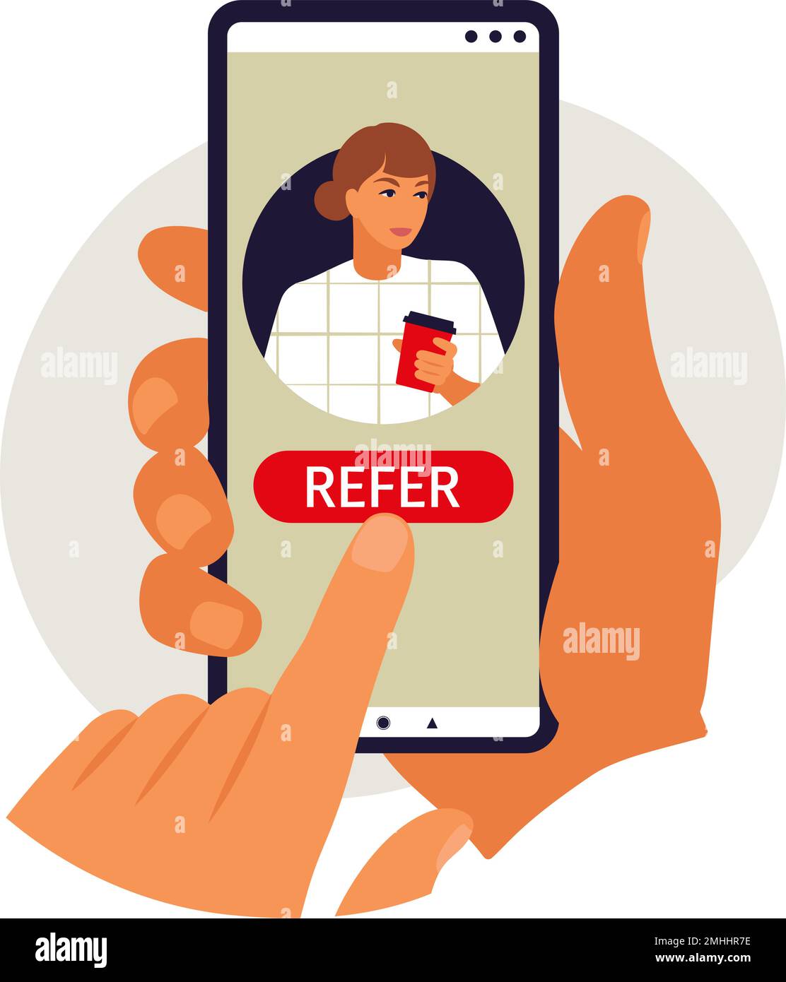 Referral program concept. Hand holding phone. Vector illustration. Flat ...