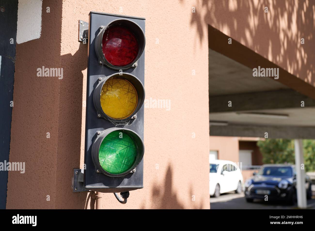 Green traffic lights to manage traffic from the car exit from the ...
