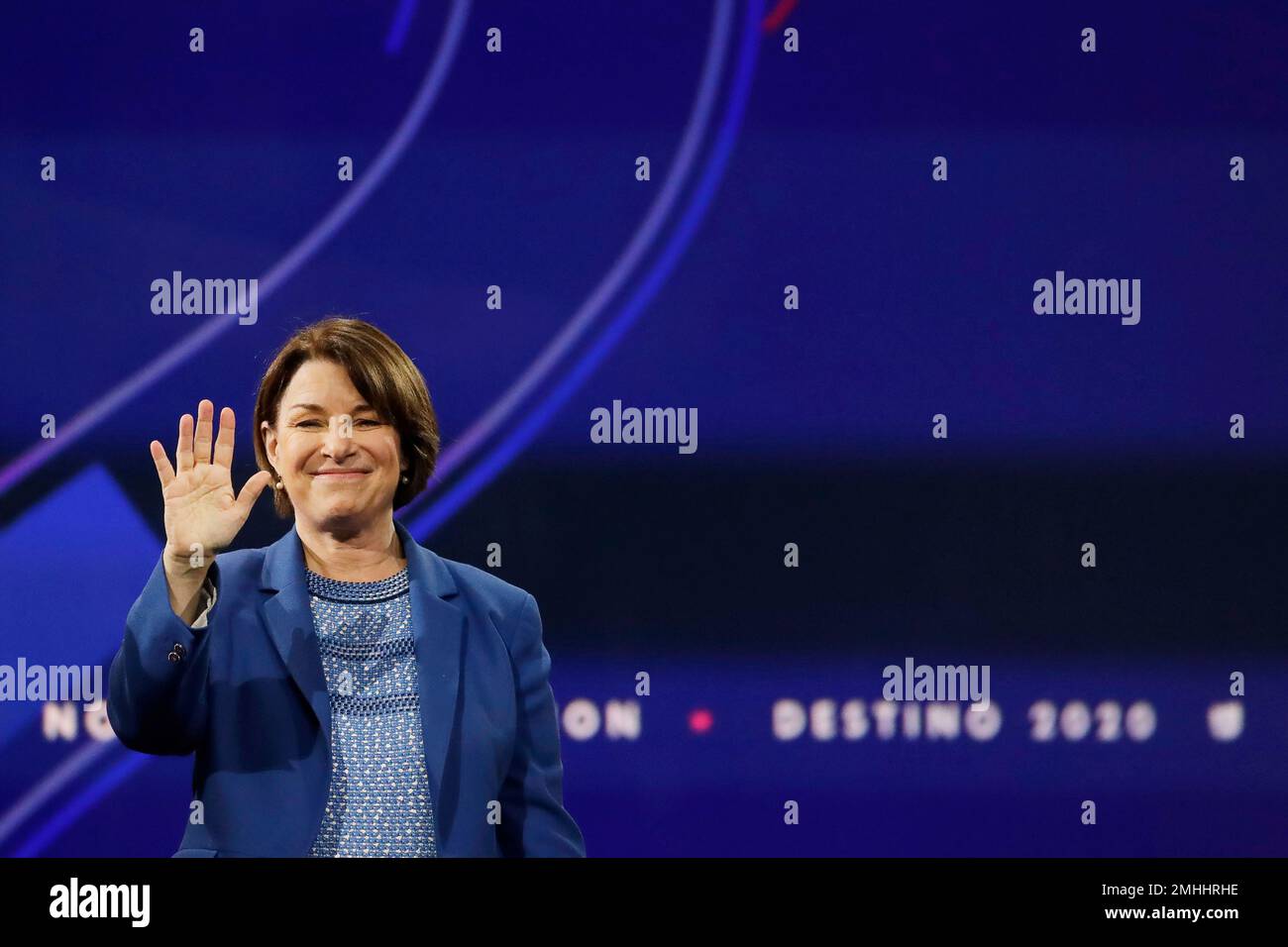 Sen.Amy Klobuchar, D-Minn., waves during a presidential forum at the ...