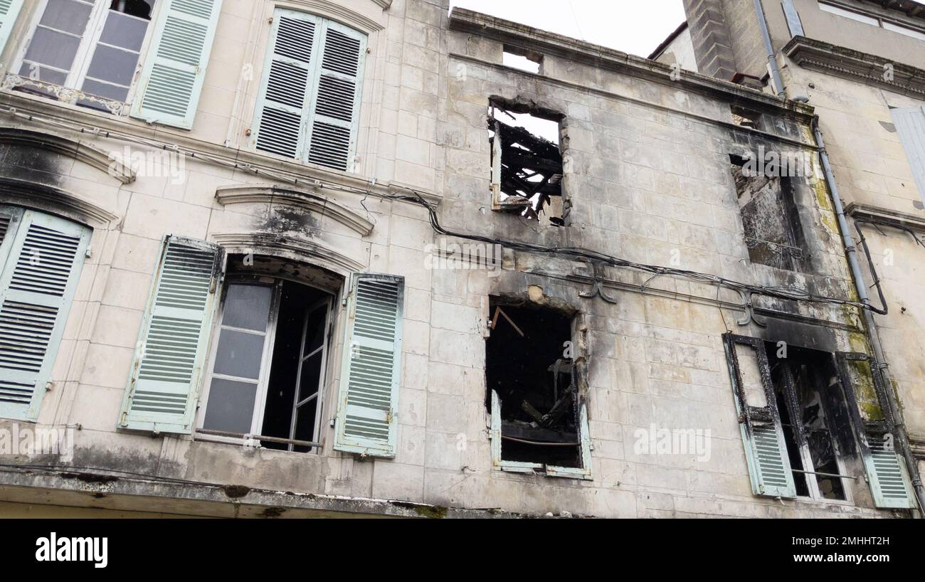 Burnt home wall house ruined old building after fire in street city ...