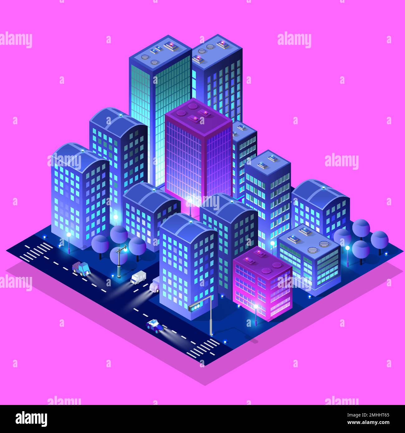 Residential town night city urban 3D illustration of neon ultraviolet ...