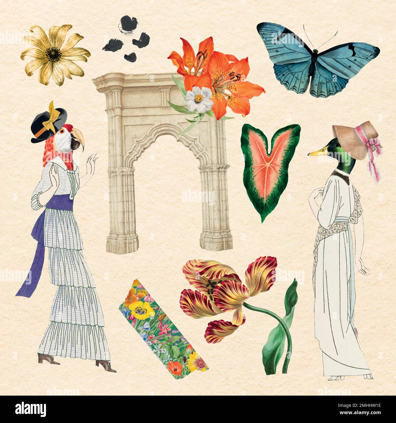 Vintage collage aesthetic element set, vector illustration collage ...