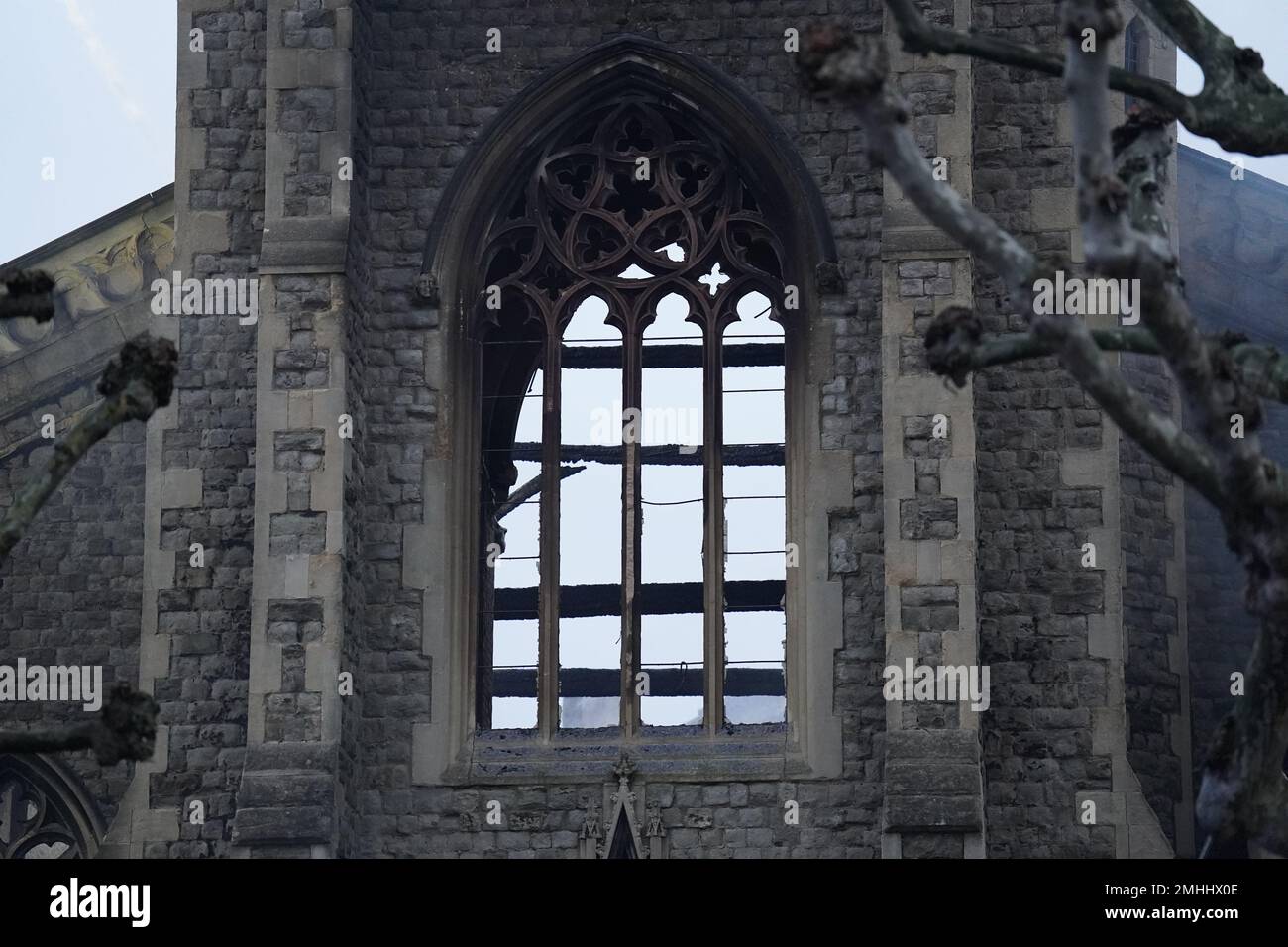 Broken windows in the charred shell of St Mark's Church in Hamilton ...