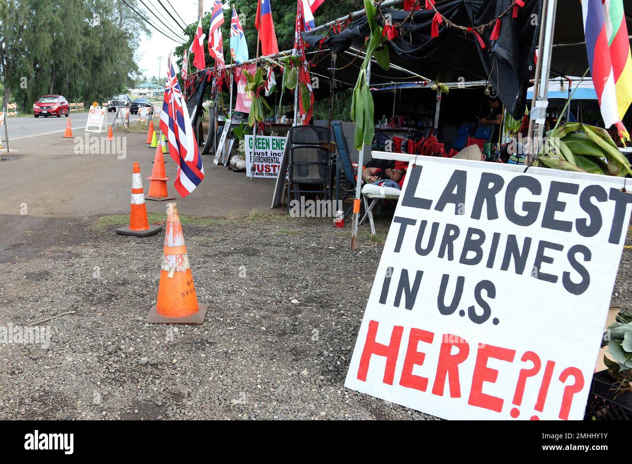 This Oct. 30, 2019, photo shows an anti-turbine sign displayed at an ...