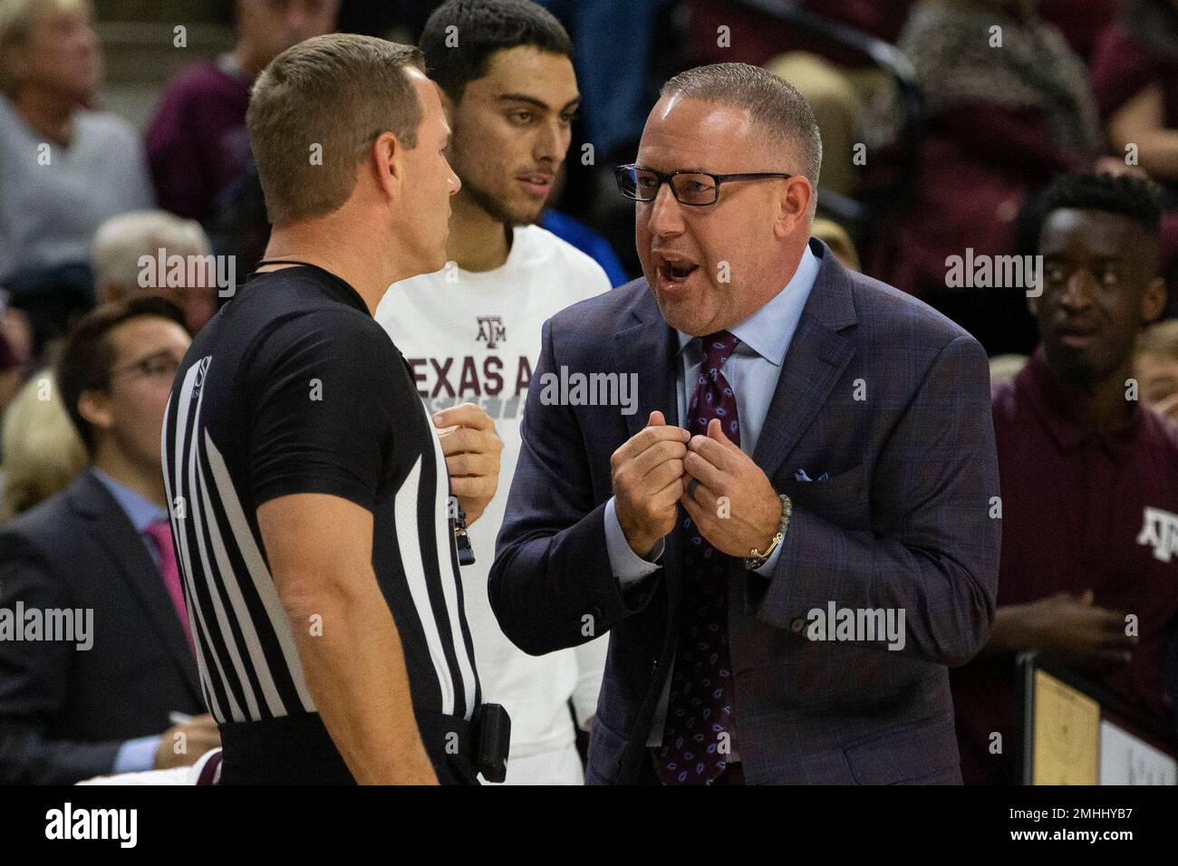 Texas A&M head coach Buzz Williams talks with an official after a call ...