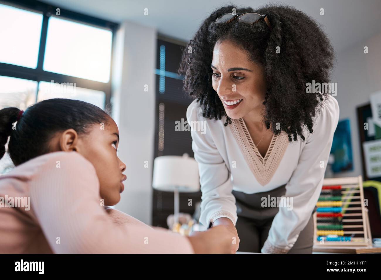 Teaching, black woman teacher and child education, support and helping ...