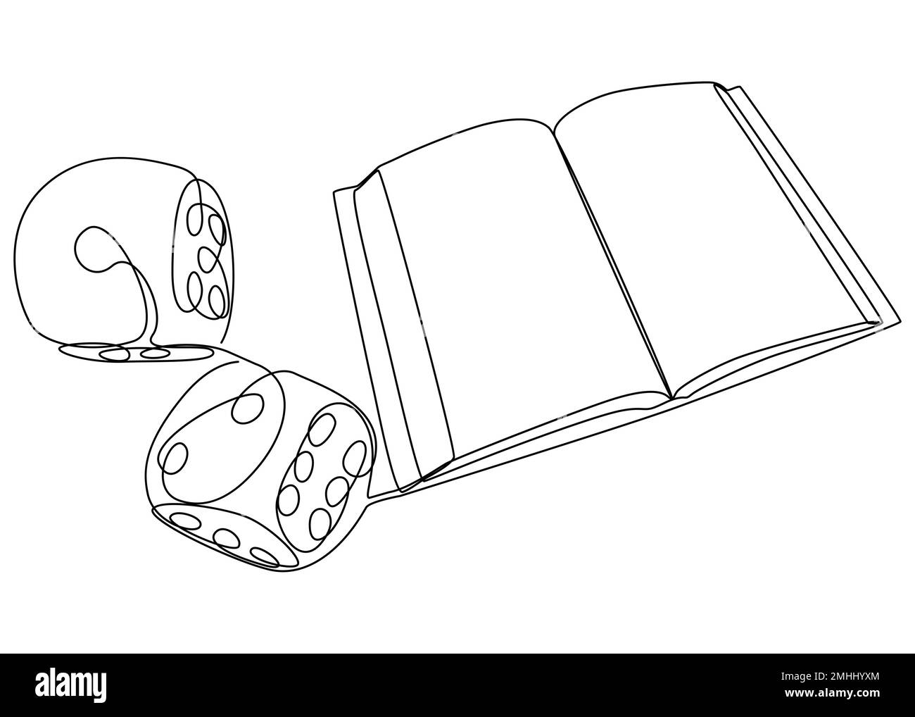 One Continuous Line Of Opened Book With Dice Thin Line Illustration Vector Concept Contour