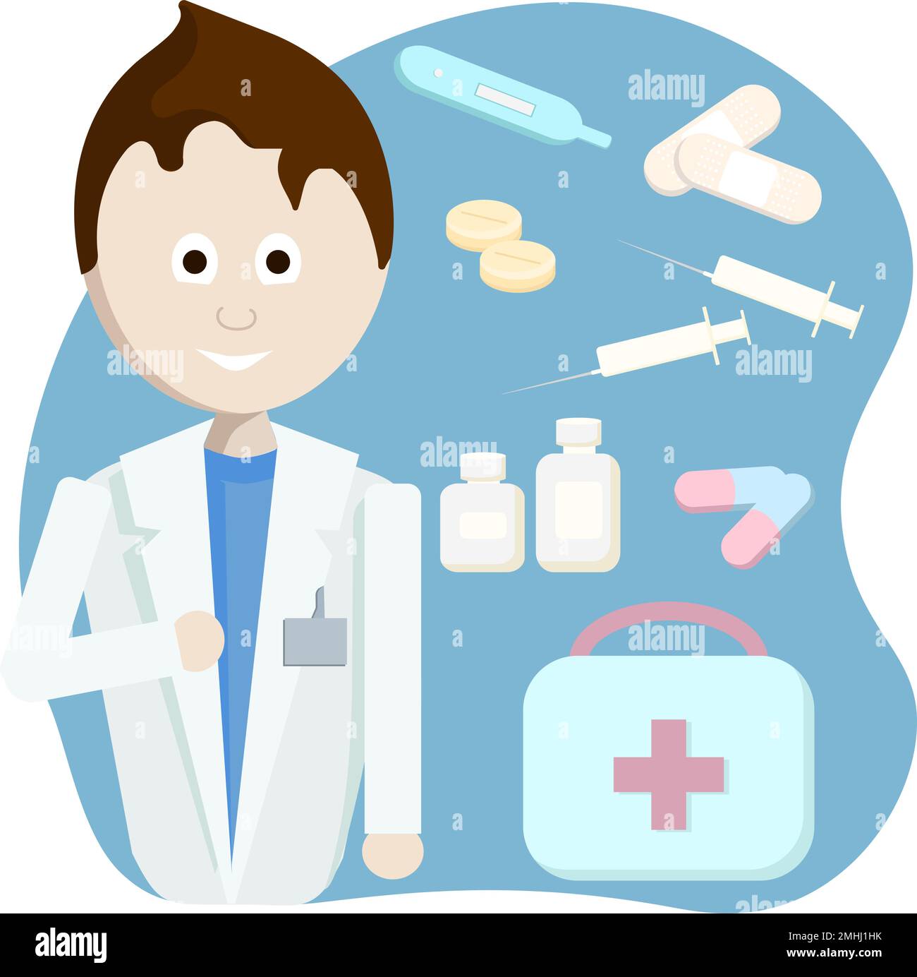 Male doctor and contents of first aid kit on blue background. Small ...