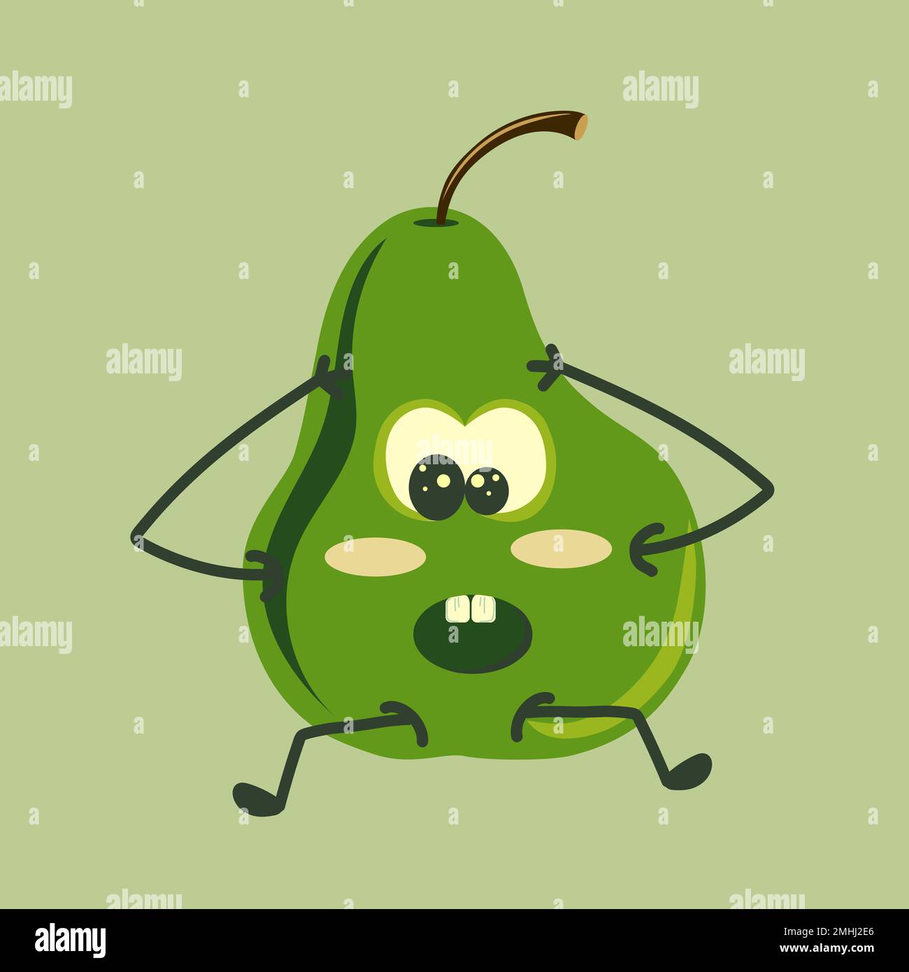 A green pear with eyes and mouth, arms and legs in shock. The cartoon ...