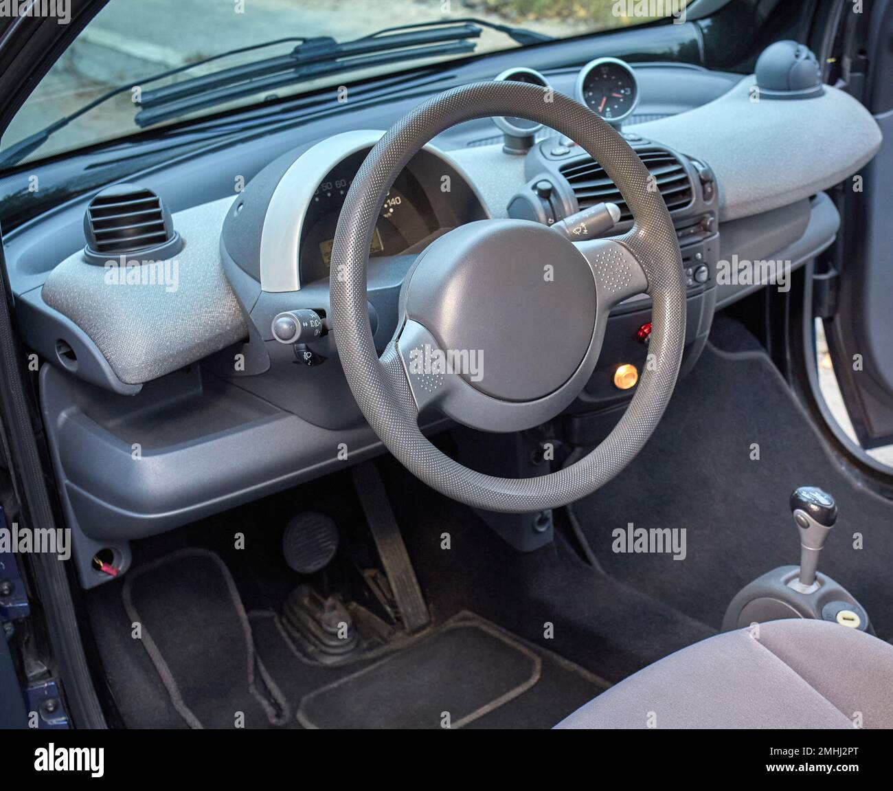 Car steering wheel and interior background, modern city car elements ...