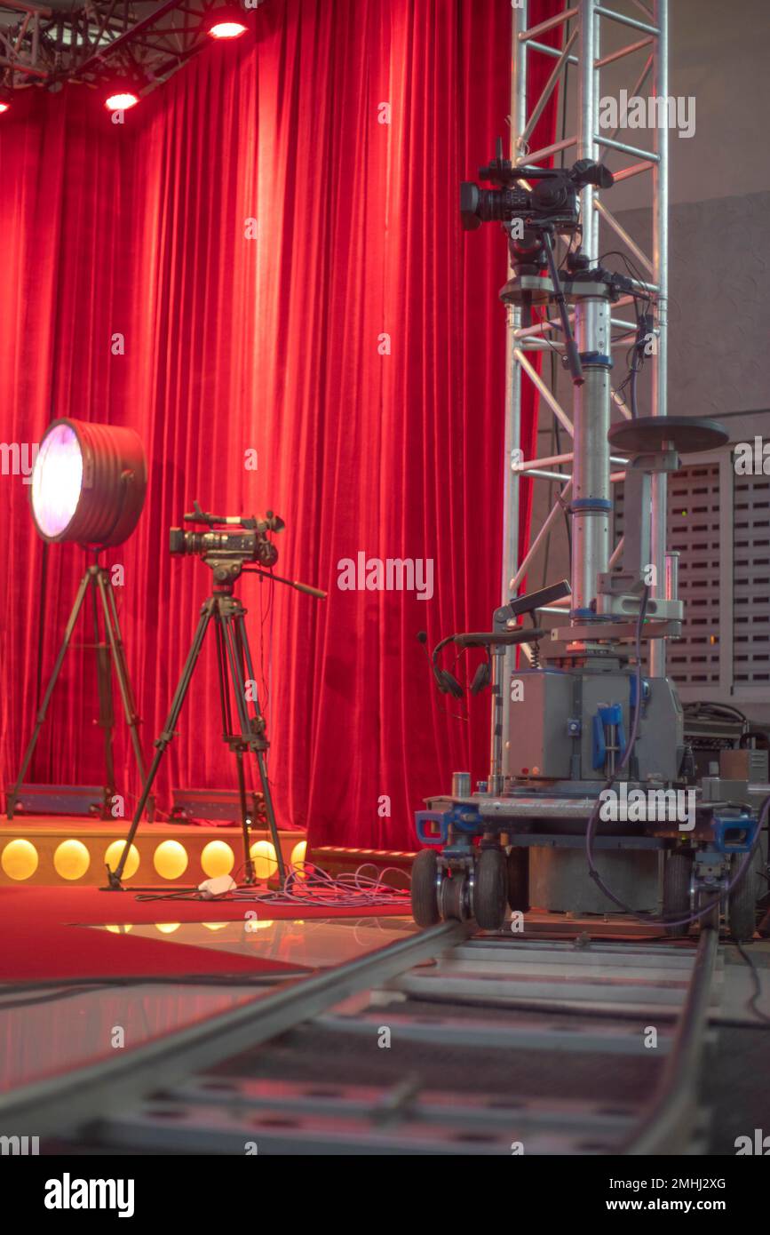 camera on rails for filming an online concert. tv production Stock ...