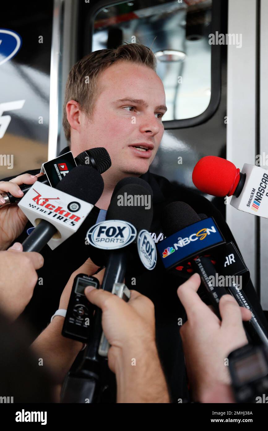 Cole Custer talks to the media before a NASCAR Xfinity Series auto race ...
