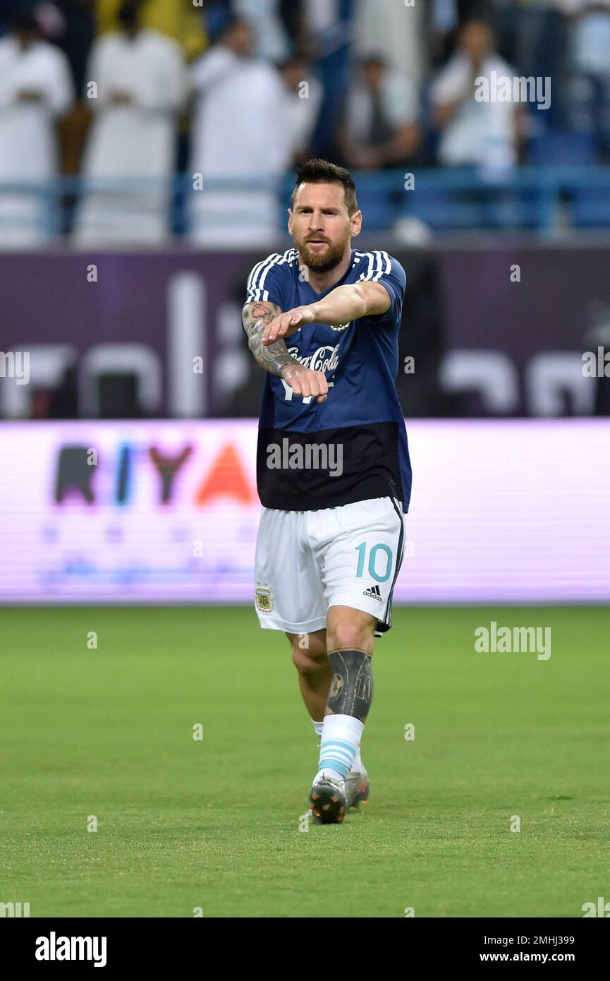 Argentina's Lionel Messi warms up prior a friendly soccer match between ...